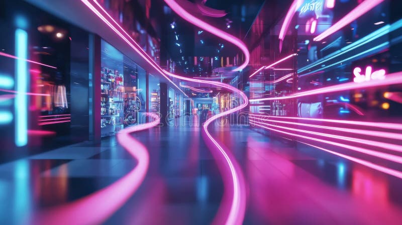 Neon Lights Illuminating a Modern Mall Corridor Stock Illustration ...