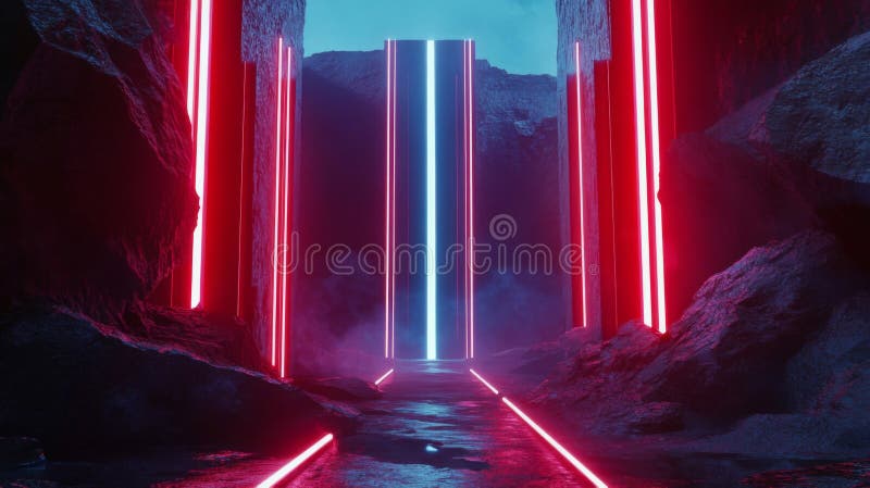 Neon Lights Illuminating a Pathway through a Rocky Landscape Stock ...