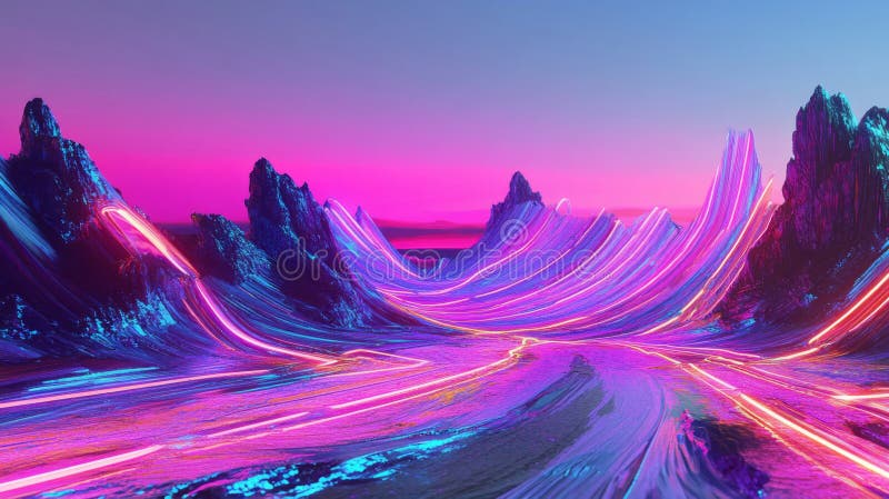 Neon Lights Illuminating a Surreal Mountain Landscape Stock ...