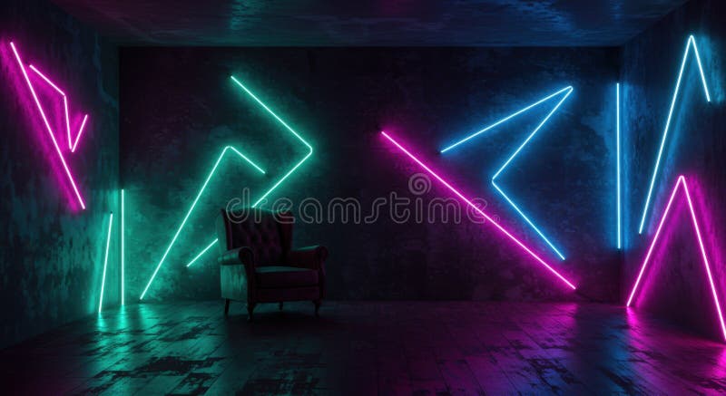 Neon Lights and Leather Chair in Grunge Room Stock Illustration ...