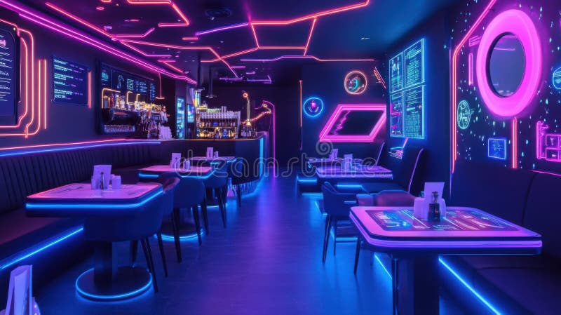 Neon Lights in Modern Bar with Futuristic Design Interior. Futuristic ...