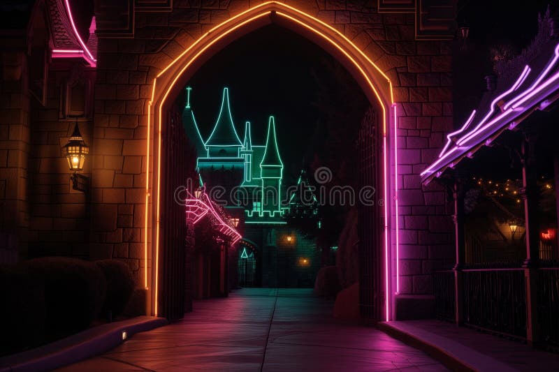 Neon Lights Outlining Castle Gate Stock Image - Image of outline ...
