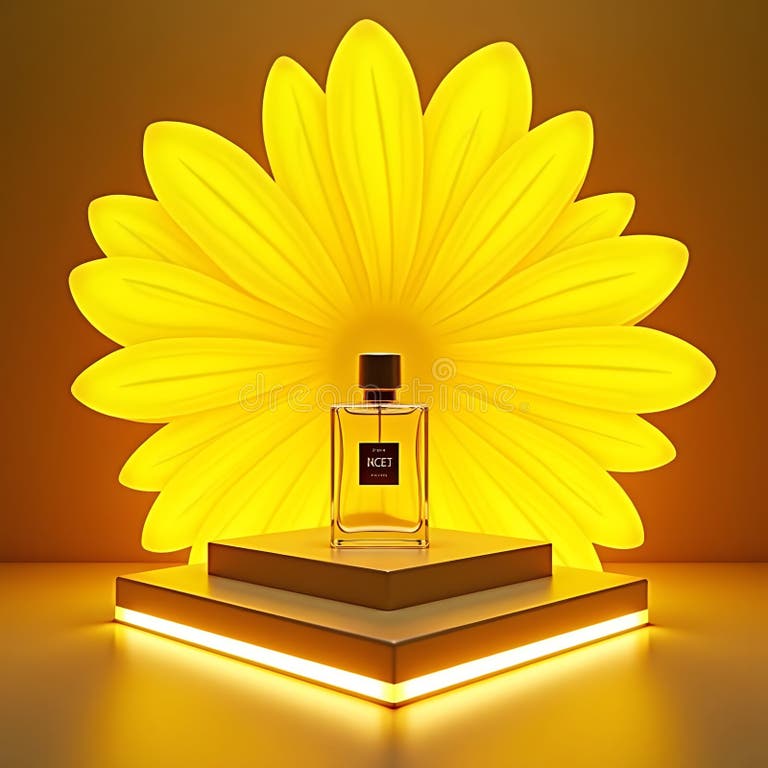 Neon Lights: Perfume Bottle Display on Vibrant Yellow Flower Backdrop ...