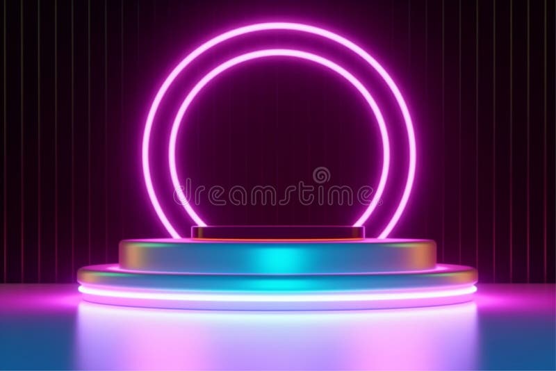 Neon Lights on a Podium in a Dark Room Stock Illustration ...