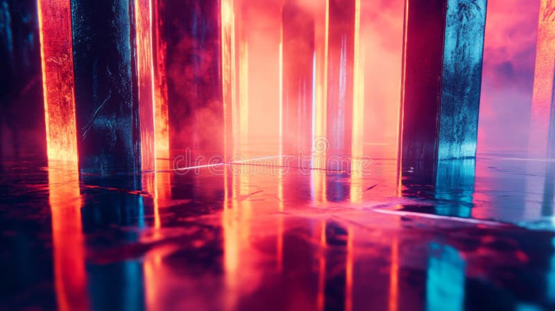 Neon Lights Reflecting on a Wet Floor Stock Illustration - Illustration ...