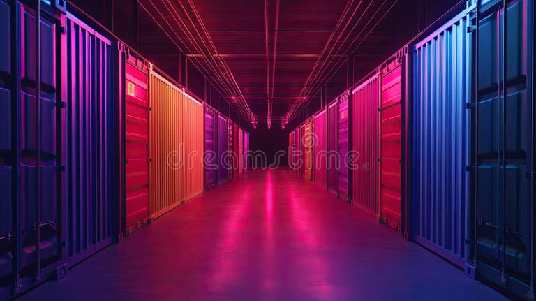Neon Lights Shipping Containers Corridor Stock Illustration ...