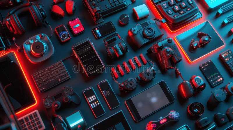 Neon Lights and Tech Gadgets, a Colorful Still Life Stock Illustration ...