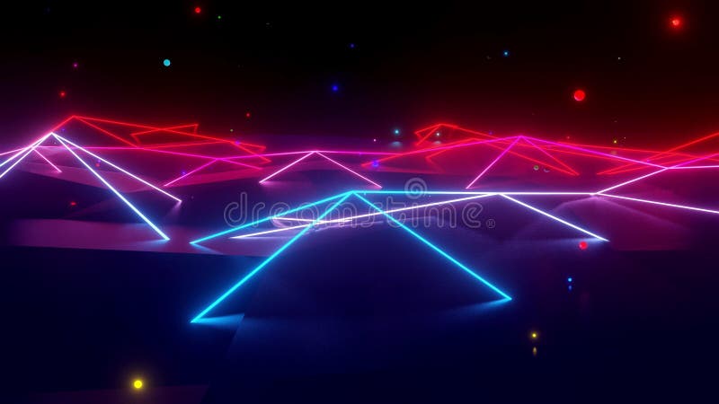 Neon Linear Lamps with Gradient Glow of Red-blue Color Over a Low Poly ...