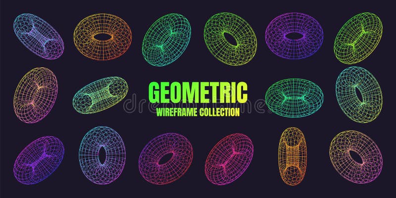 Neon Lined Wireframe Shapes. Perspective Mesh, 3d Grid. Low Poly ...