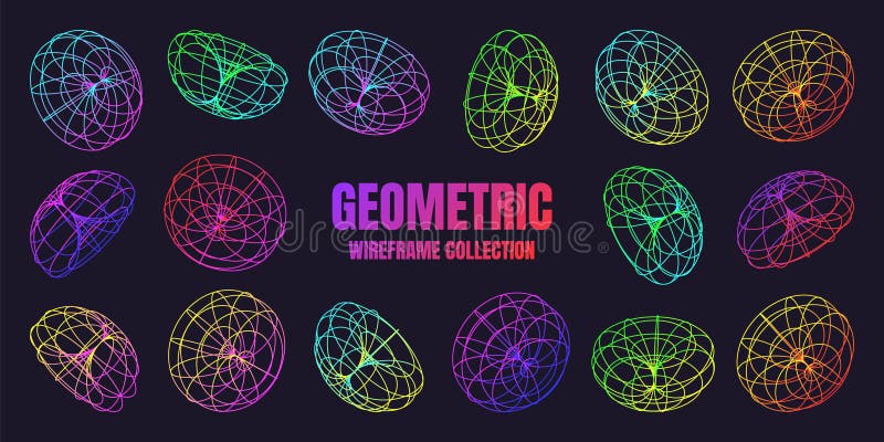 Neon Lined Wireframe Shapes. Perspective Mesh, 3d Grid. Low Poly ...