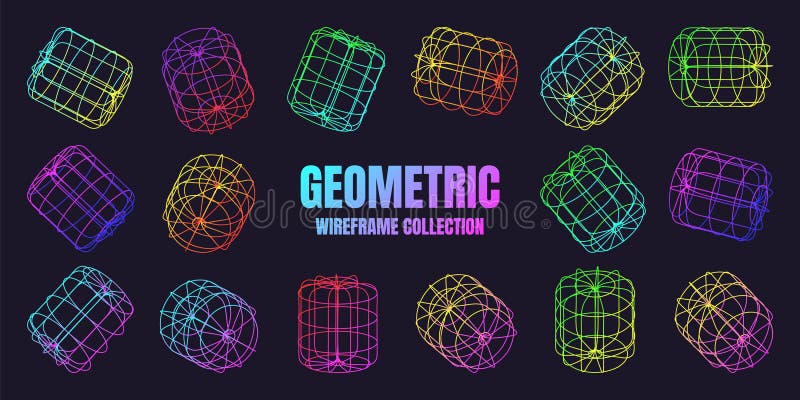 Neon Lined Wireframe Shapes. Perspective Mesh, 3d Grid. Low Poly ...