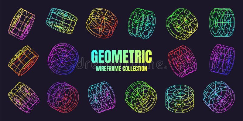 Neon Lined Wireframe Shapes. Perspective Mesh, 3d Grid. Low Poly ...