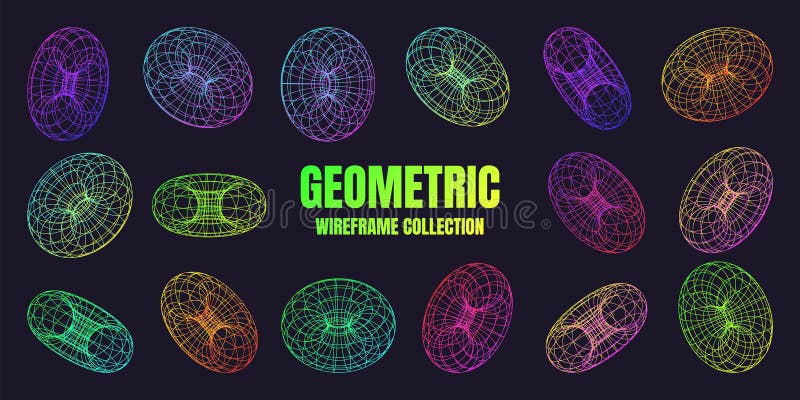 Neon Lined Wireframe Shapes. Perspective Mesh, 3d Grid. Low Poly ...