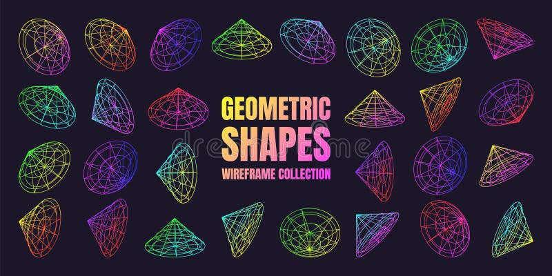 Neon Lined Wireframe Shapes. Perspective Mesh, 3d Grid. Low Poly ...