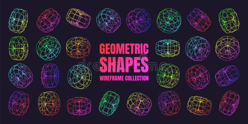 Neon Lined Wireframe Shapes. Perspective Mesh, 3d Grid. Low Poly ...