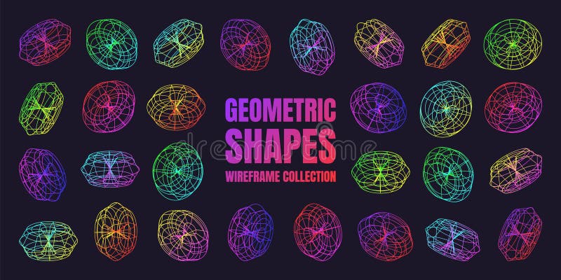 Neon Lined Wireframe Shapes. Perspective Mesh, 3d Grid. Low Poly ...