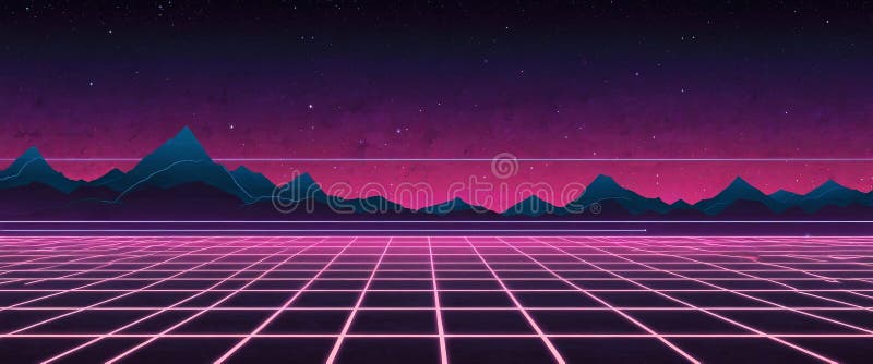 Neon Lines Grid Landscape a Futuristic Retro Wave Background. Stock ...