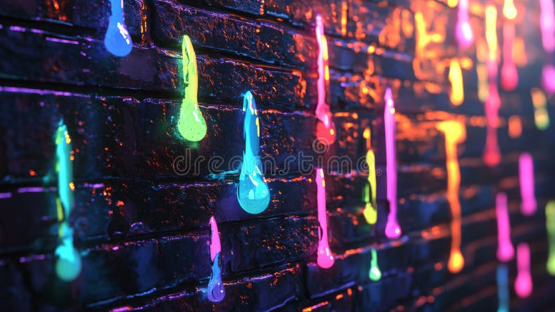 Neon Liquid Droplets on Dark Brick Wall Creating Colorful Patterns ...