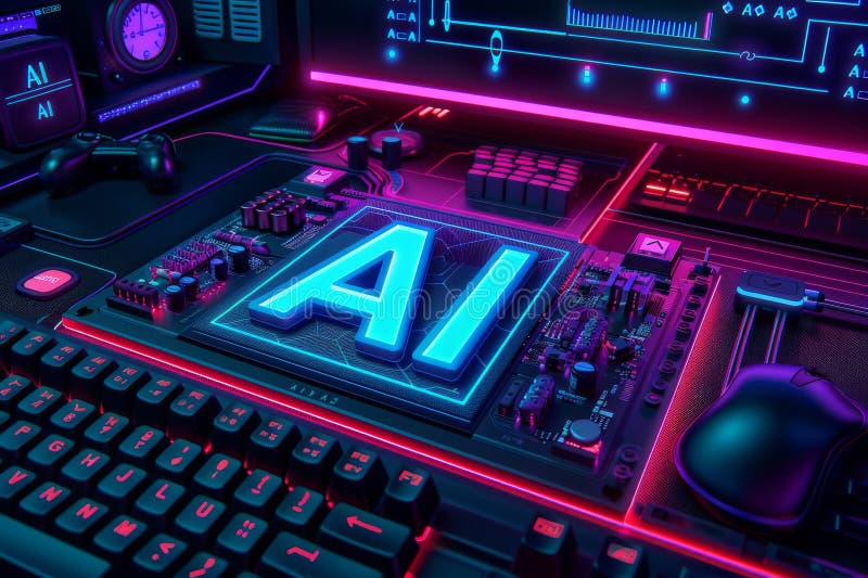 Neon Lit AI Keyboard on a Digital Workspace, Representing Advanced ...