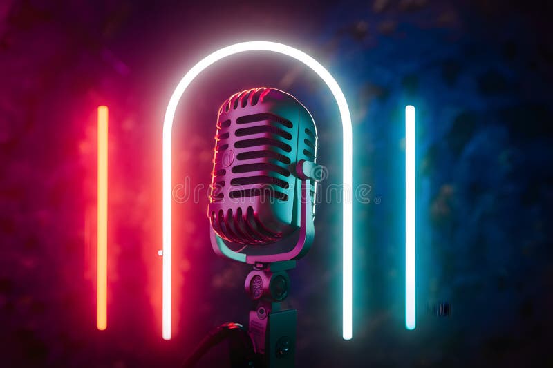 Neon Lit Ambiance Sets the Stage for Studio Microphone Elegance Stock ...