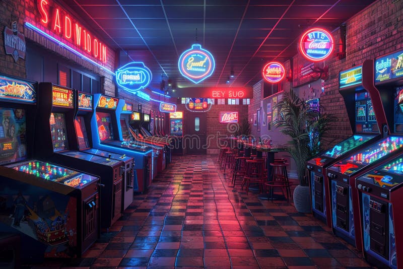 Neon-lit Arcade with Classic Games and a Snack Bar Stock Image - Image ...