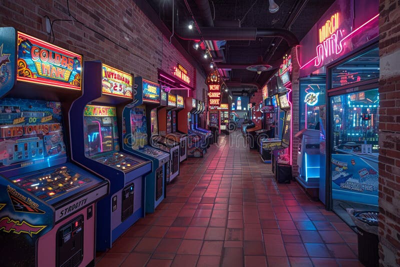 Neon-lit Arcade with Classic Games and a Snack Bar Stock Photo - Image ...