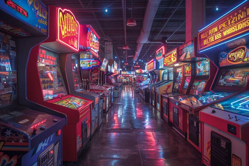 Neon-lit Arcade with Classic Games and a Snack Bar Stock Photo - Image ...