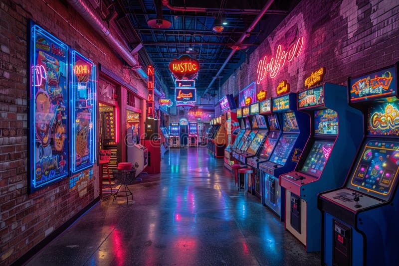 Neon-lit Arcade with Classic Games and a Snack Bar Stock Photo - Image ...