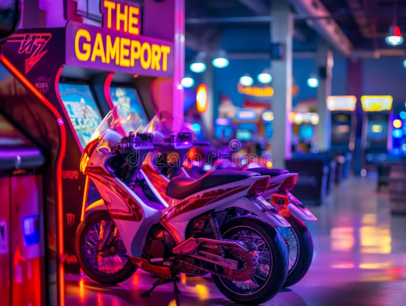 Neon-lit Arcade with Motorbike Simulators Stock Image - Image of modern ...
