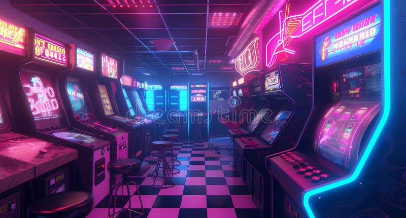 Neon Lit Arcade Rooms at Home Stock Illustration - Illustration of work ...