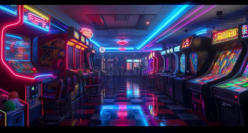 Neon Lit Arcade Rooms at Home Stock Illustration - Illustration of ...