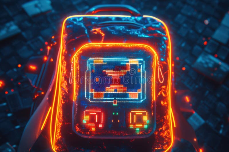 Neon Lit Backpack Featuring Retro Pixel Art Design Stock Photo - Image ...