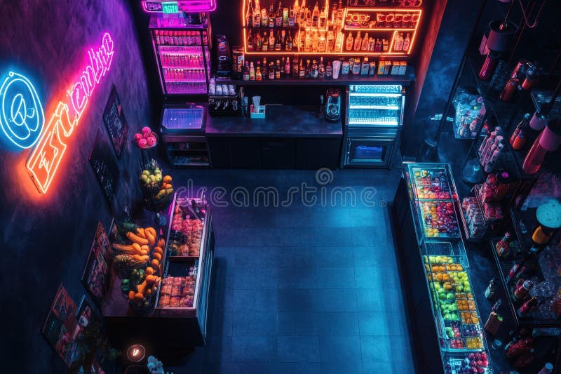 Neon Lit Bar with Fresh Fruit Displays and Drinks Stock Image - Image ...