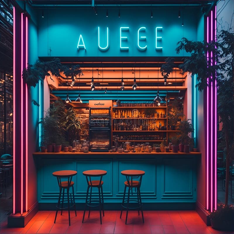 A Neon Lit Bar with Stools in Front of it Created with Generative AI ...