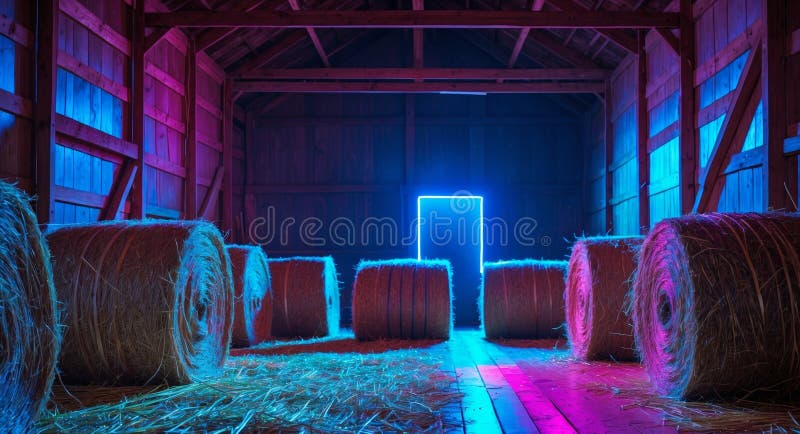 Neon Lit Barn Interior with Hay Bales, Featuring a Glowing Rectangular ...