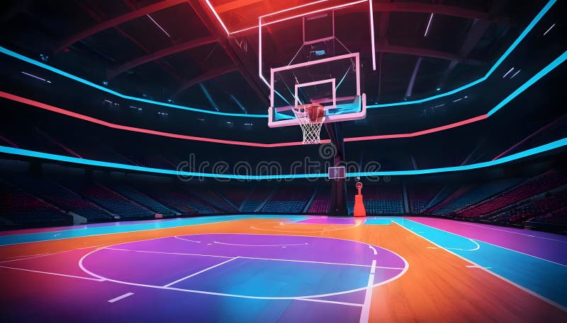 Neon Lit Basketball Arena: a Vibrant Night Game Setting Stock ...