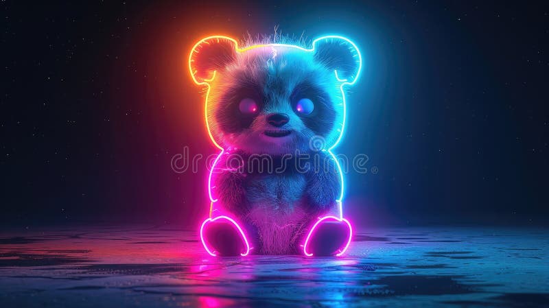 A Neon-lit Bear Cub Against a Starry Night Backdrop with a Reflective ...