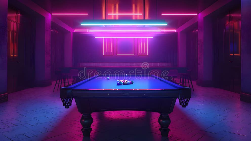 Neon-lit Billiard Table Shines Bright - Ai Generated Stock Illustration ...
