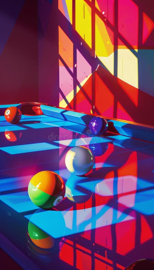 Neon Lit Billiards Balls Rolling on Snooker Table with Abstract ...