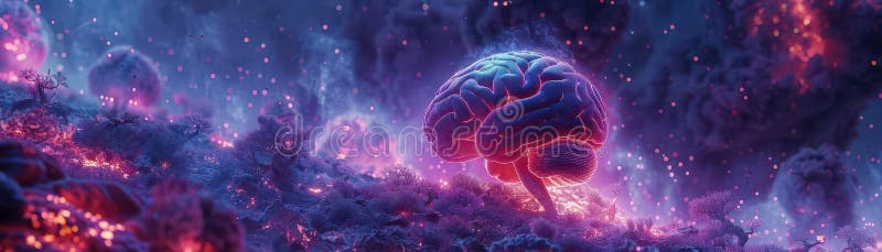 Neon-Lit Brain in a Futuristic Nebula Setting Stock Illustration ...