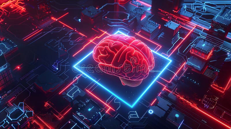 Neon-lit Brain on Intricate Circuit Board. Glowing Brain Symbolizing ...