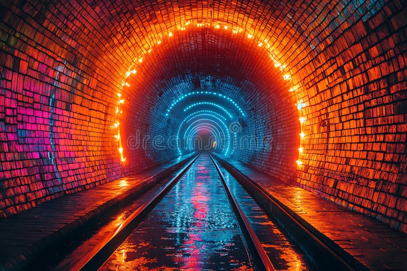 Neon Lit Brick Tunnel with Train Tracks Vibrant Abstract Background ...
