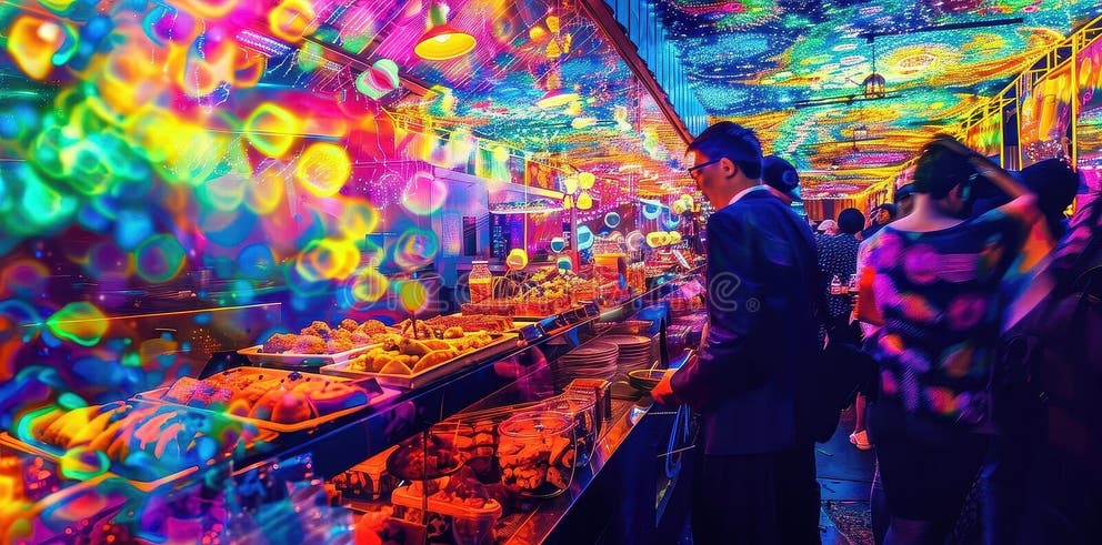 A Neon-Lit Buffet Under a Kaleidoscope Ceiling Stock Illustration ...