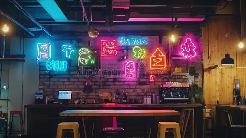 Neon-lit Cafe Bar Interior, Vibrant Wall, City Backdrop Stock Image ...