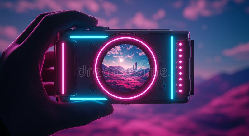 Neon-lit Camera Capturing Futuristic Landscape at Sunset Stock Image ...