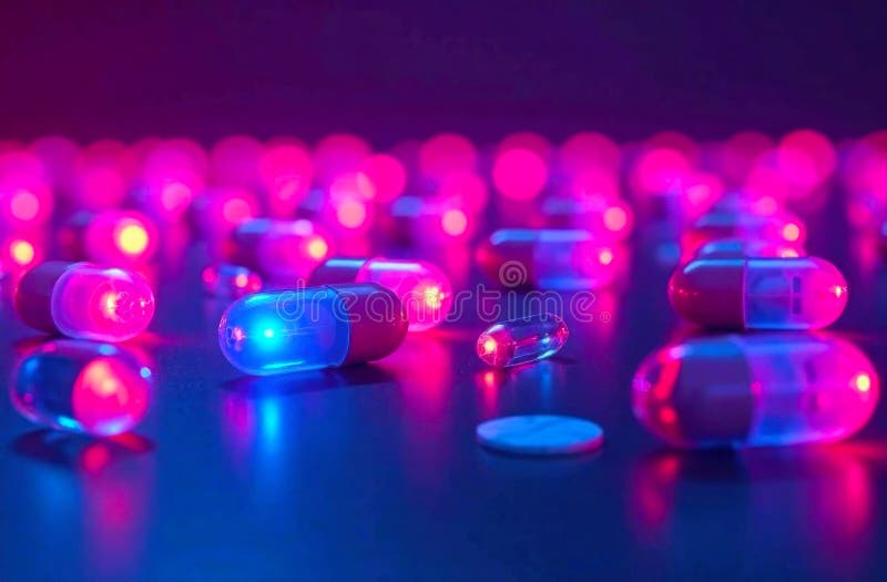 Neon-lit Capsules and Tablets Spread Across a Surface Create a ...