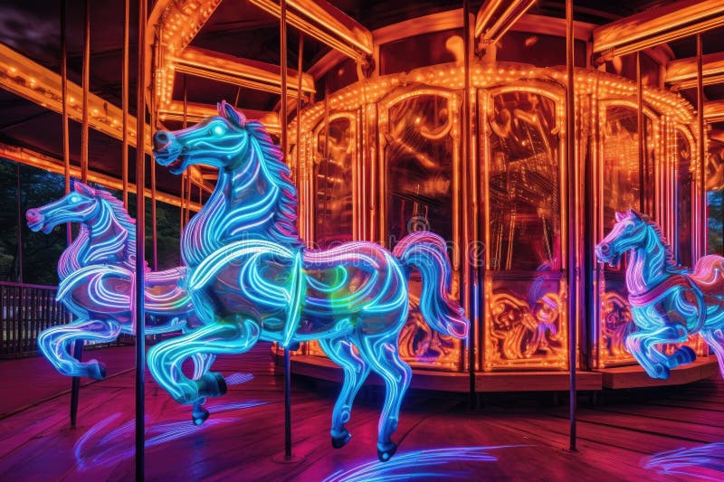 Neon-lit Carousel Horses in Motion Stock Image - Image of rides, motion ...