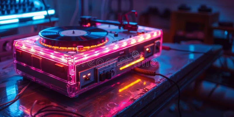 A Neon-lit Cassette Recorder Sits on a Table among Creative Tools in a ...