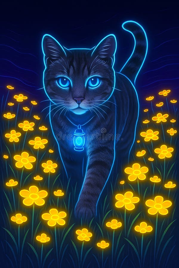 Neon-Lit Cat Strolling through a Field of Glowing Yellow Flowers at ...