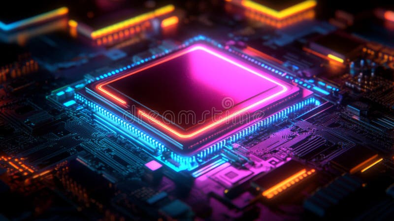 Neon Lit Central Processing Unit on Motherboard Stock Illustration ...